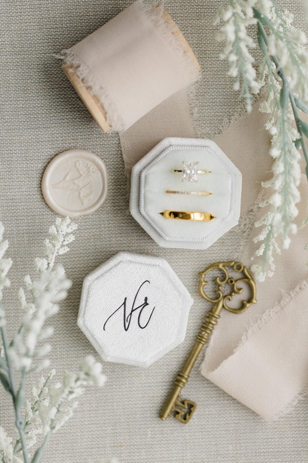 Triple Slot Octagon Velvet Ring Box | Custom Wedding Ring Box ...