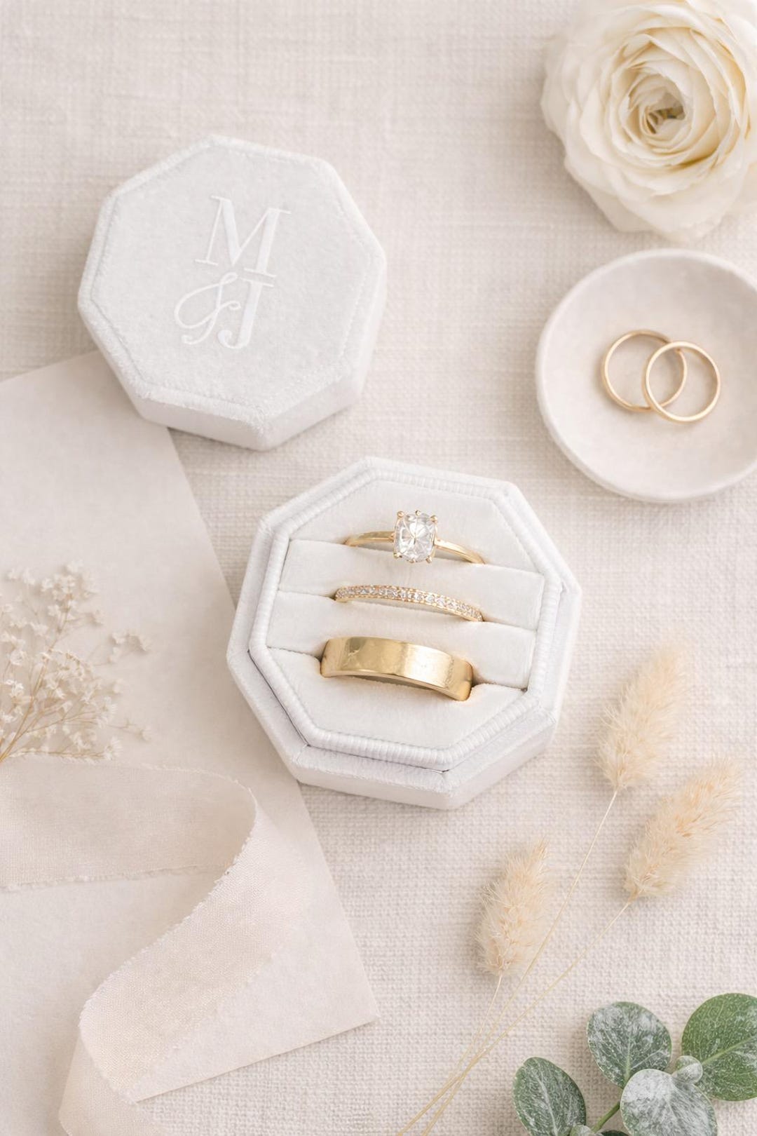 Triple Slot Octagon Velvet Ring Box | Custom Wedding Ring Box ...