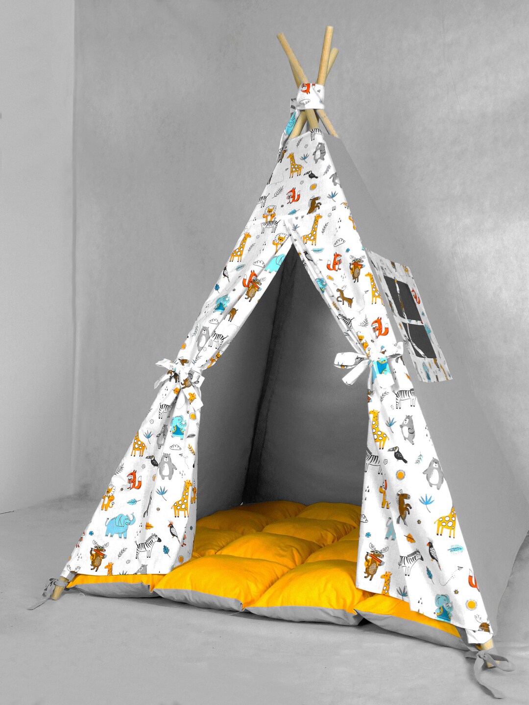 Teepee for Kids Customized From Cotton Animals Yellow Gray, Teepee Tent ...
