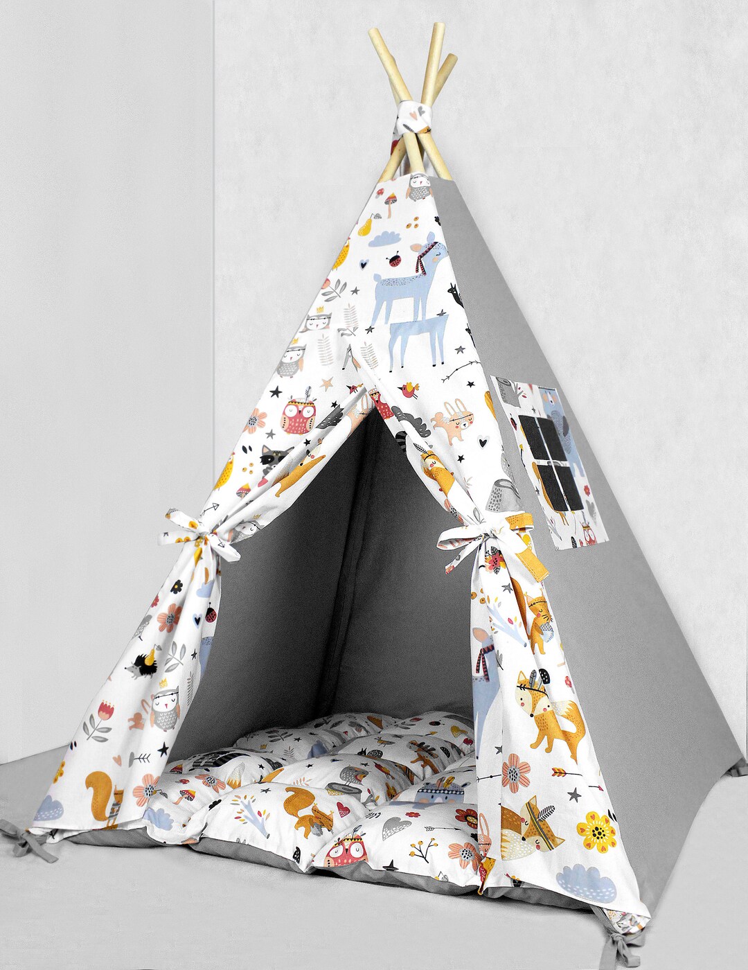 Teepee for Kids Customized From Cotton Forest Animals Gray, Teepee Tent ...