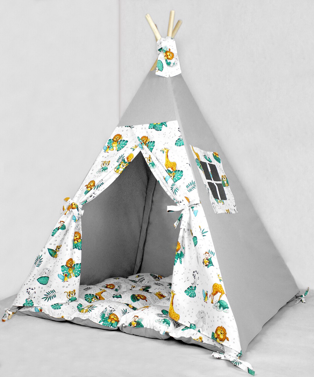 Teepee for Kids Customized From Cotton Jungle Animals Gray, Teepee Tent ...