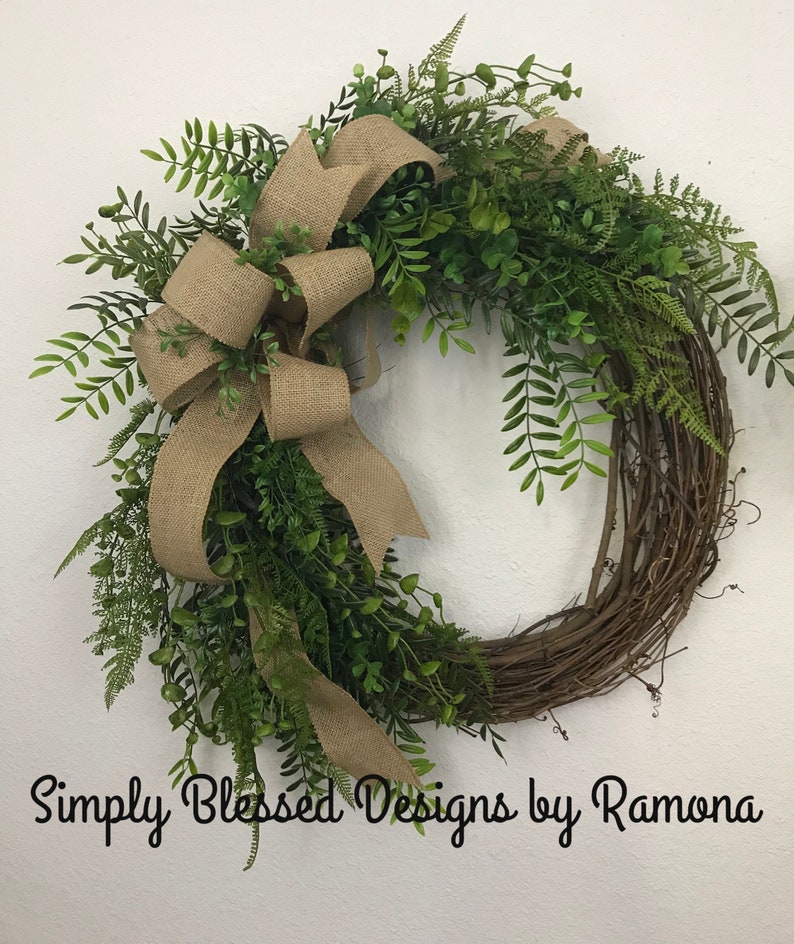 Farmhouse Greenery Wreath: 18" Grapevine, Burlap Bow - Etsy