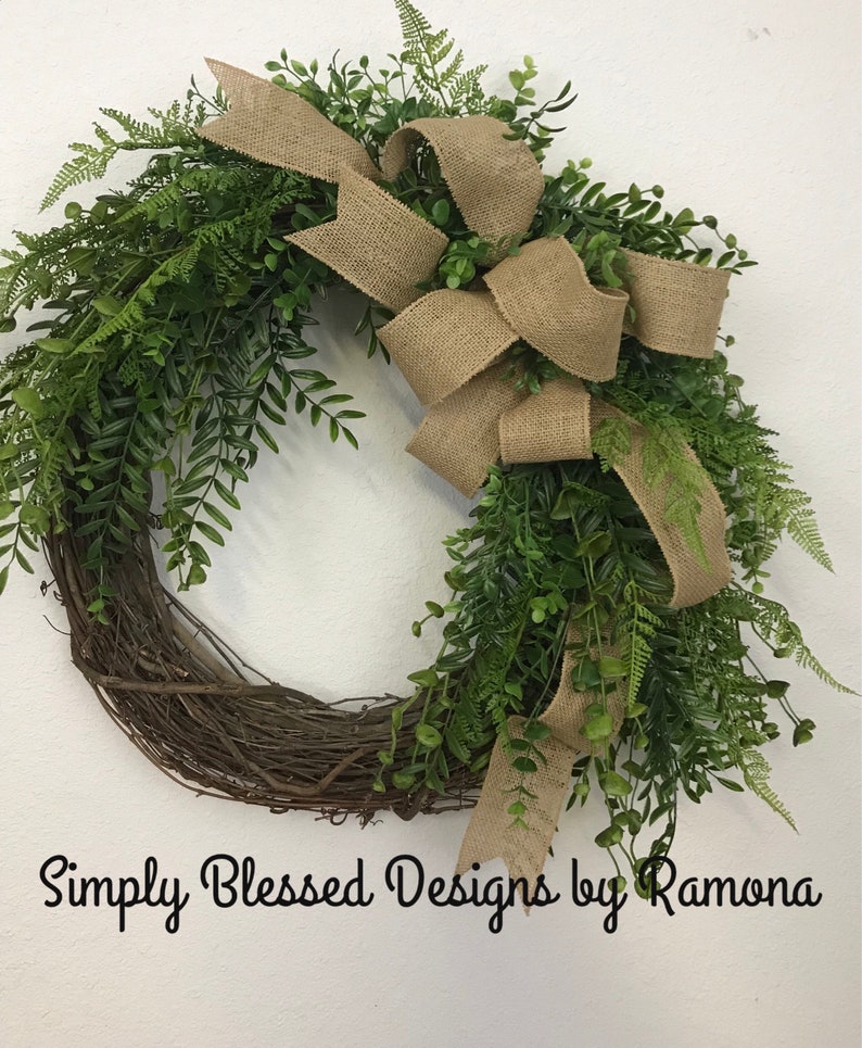 Farmhouse Greenery Wreath: 18" Grapevine, Burlap Bow - Etsy