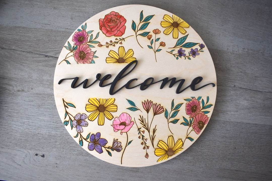 Hand Painted Watercolor Floral Welcome Round Wooden Sign - Etsy