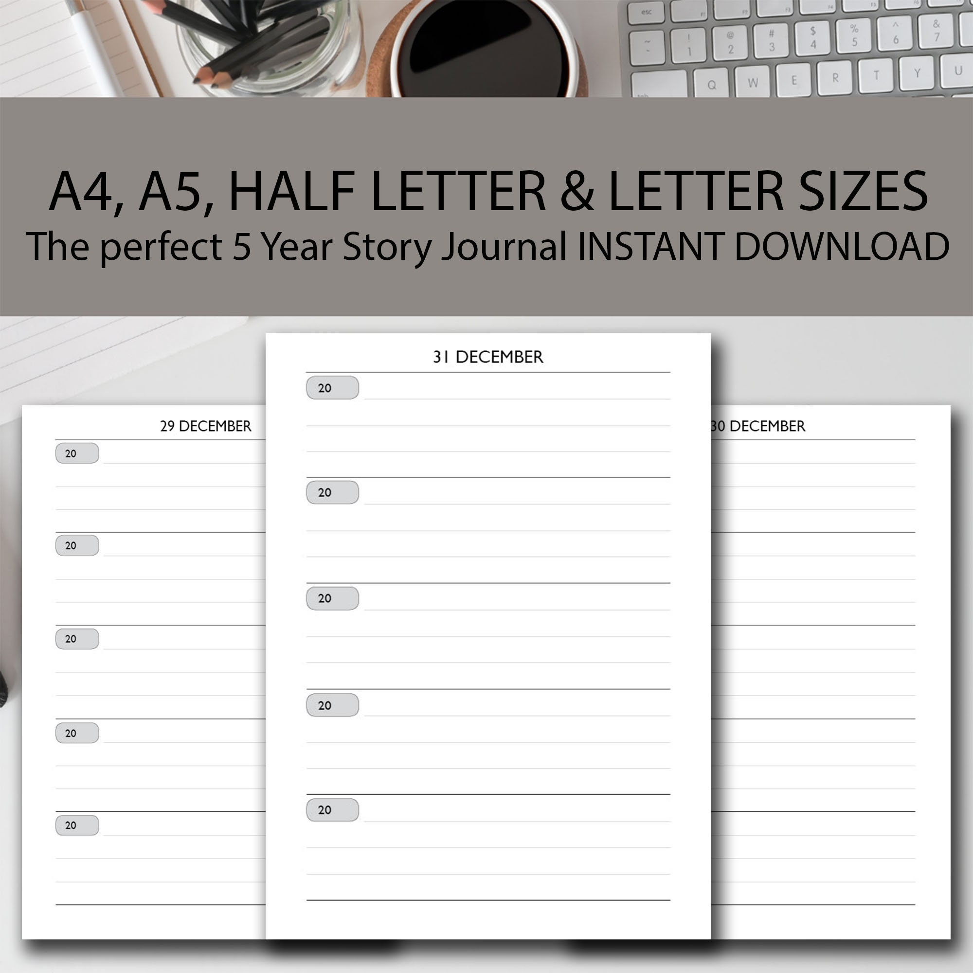 5 Year Journal Printable GREY, A4/a5/half Size/letter, One Line A Day ...