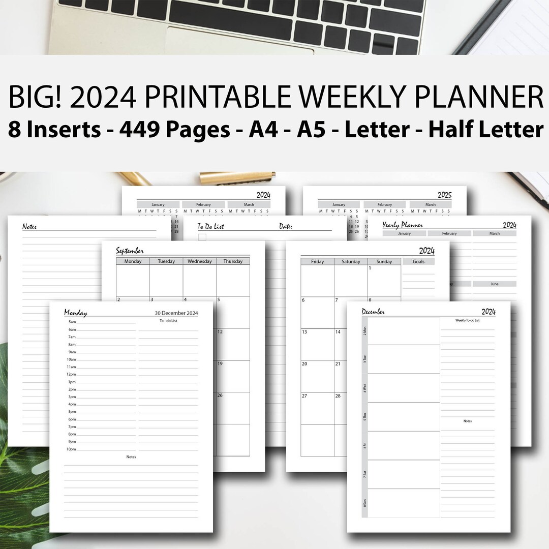 2024 Weekly Planner Printable Grey Bundle, A4/a5/half Letter/letter ...