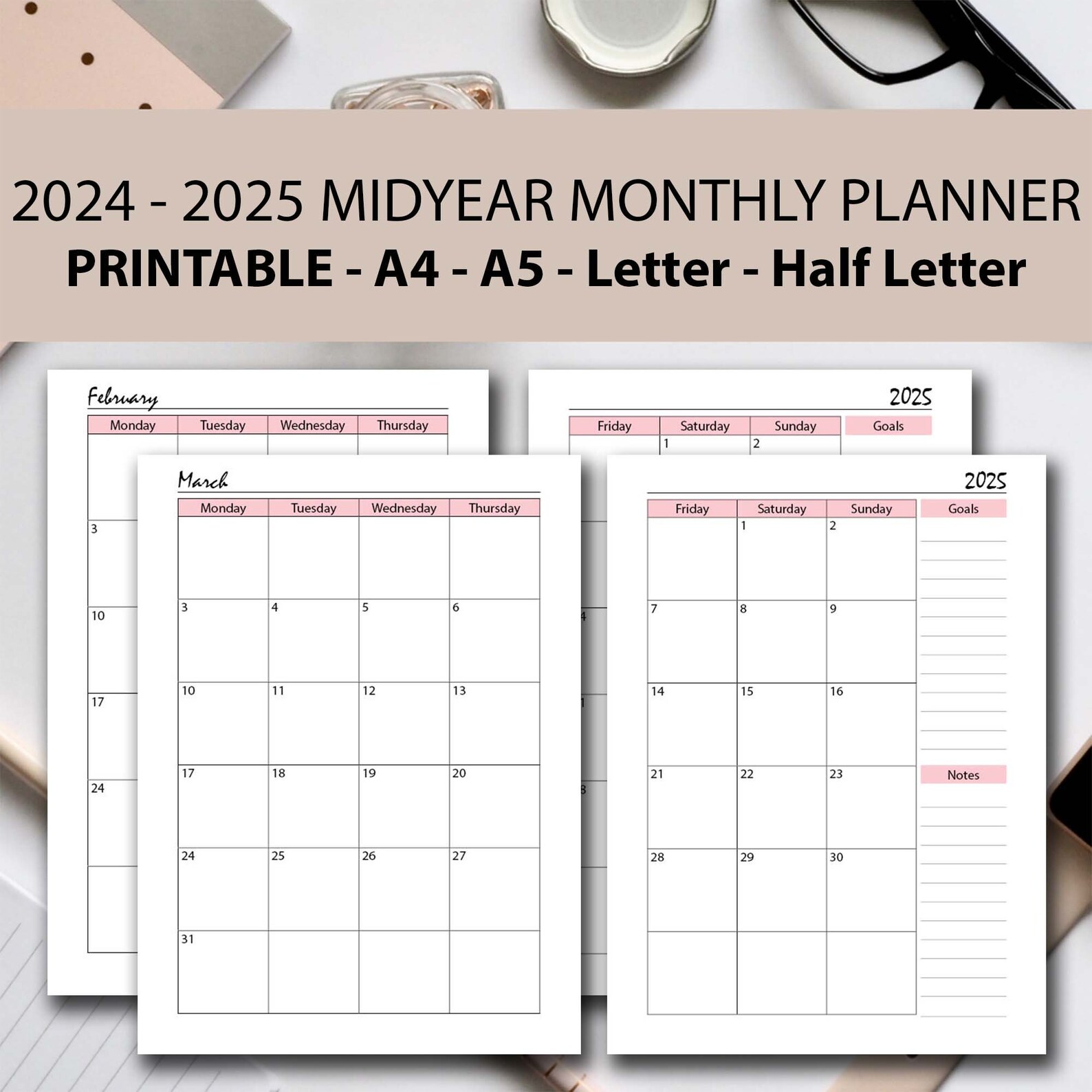 2024-2025 Midyear Planner Printable PINK, Month on 2 Page, A4/A5 Pages ...