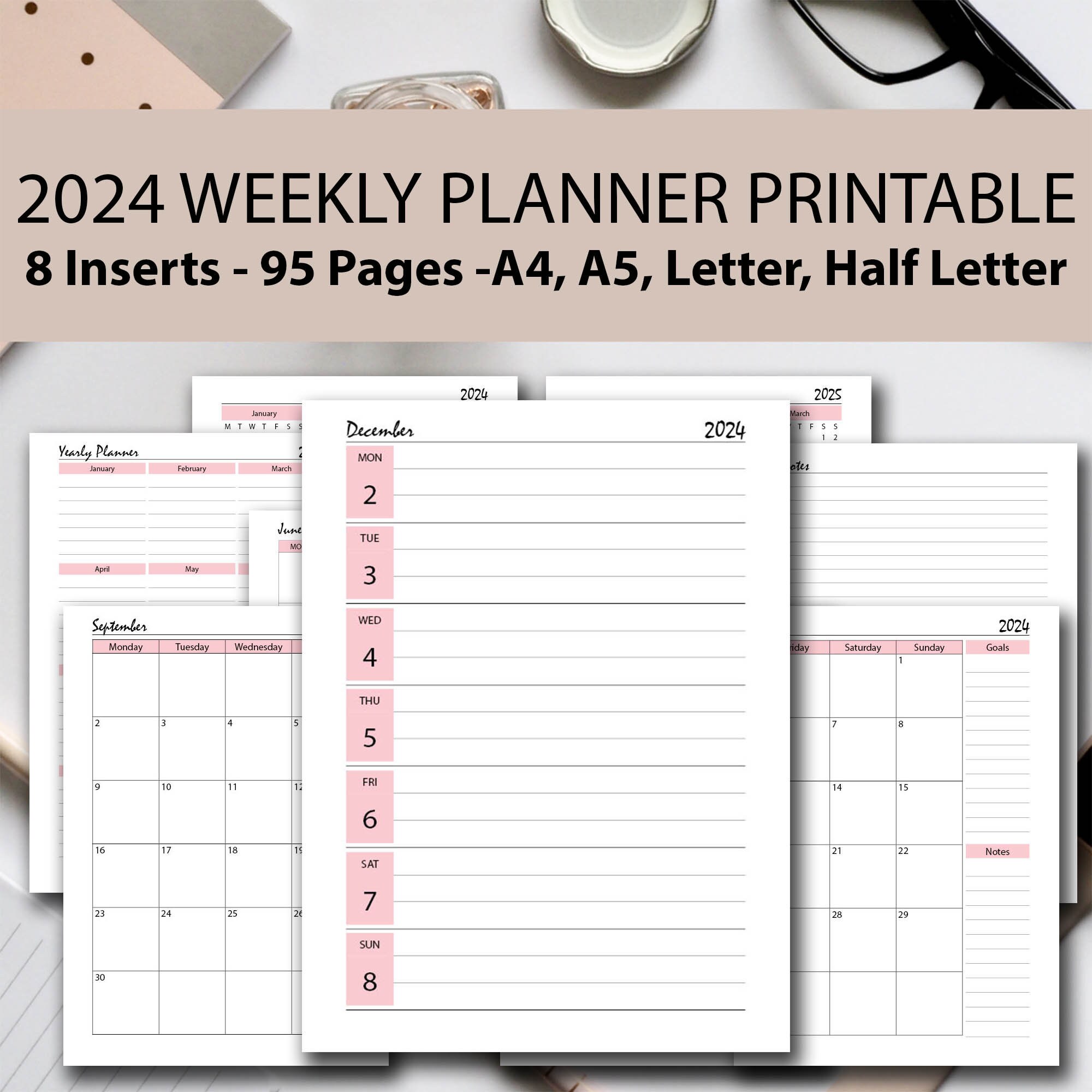 2024 Weekly Planner Printable Pink BUNDLE, 2024 Week on 1 Page Pdf, A5 ...