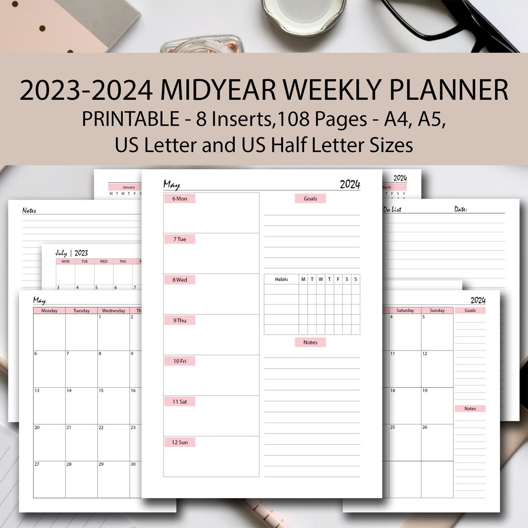 2023-2024 Weekly Planner Printable PINK Bundle, A4/a5/half Letter ...