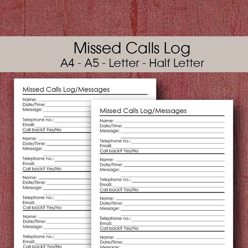 Missed Calls Log Printable A5 A4 Letter Half Size Office | Etsy