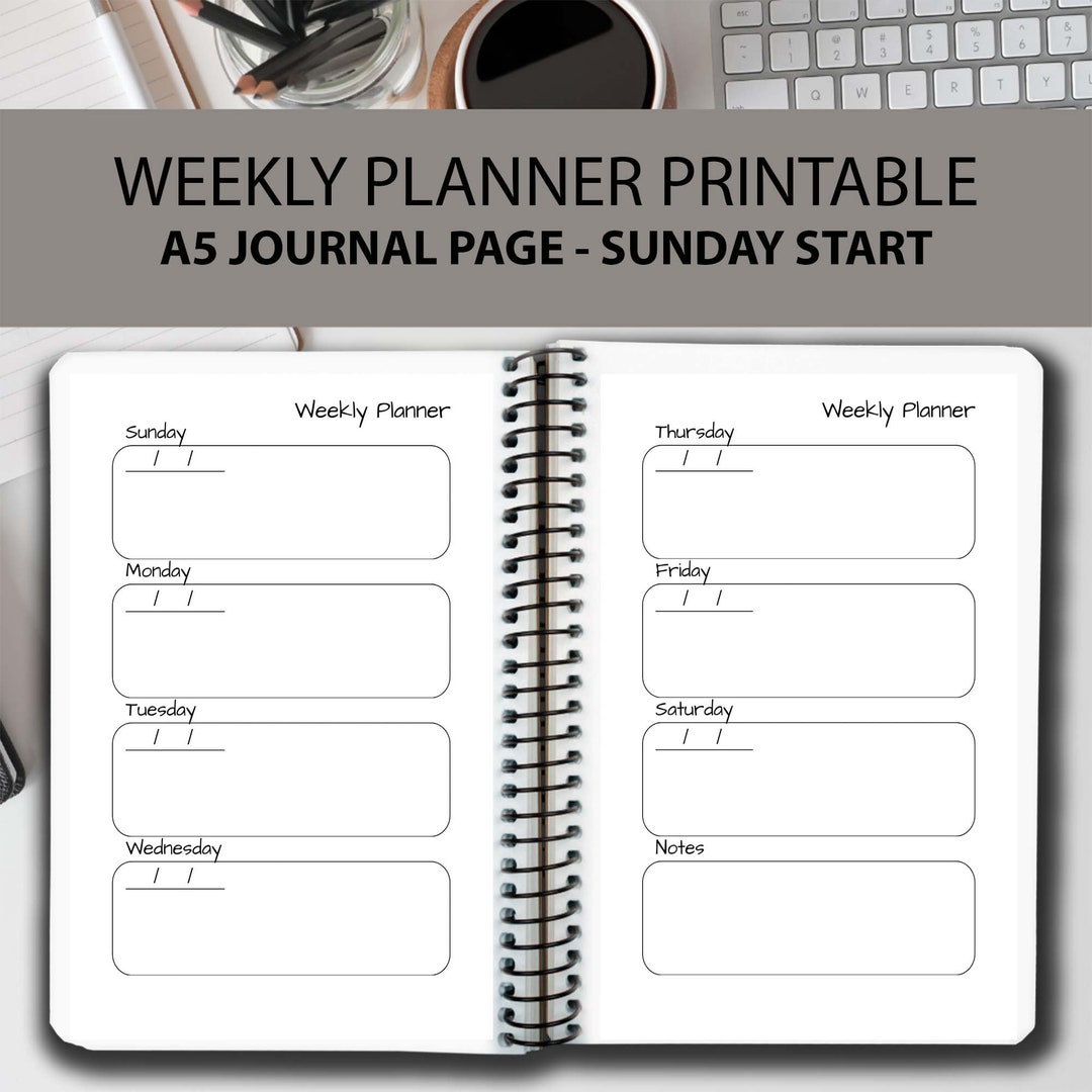 Weekly Planner Sunday Start, Weekly Calendar, A5 Journal Page ...