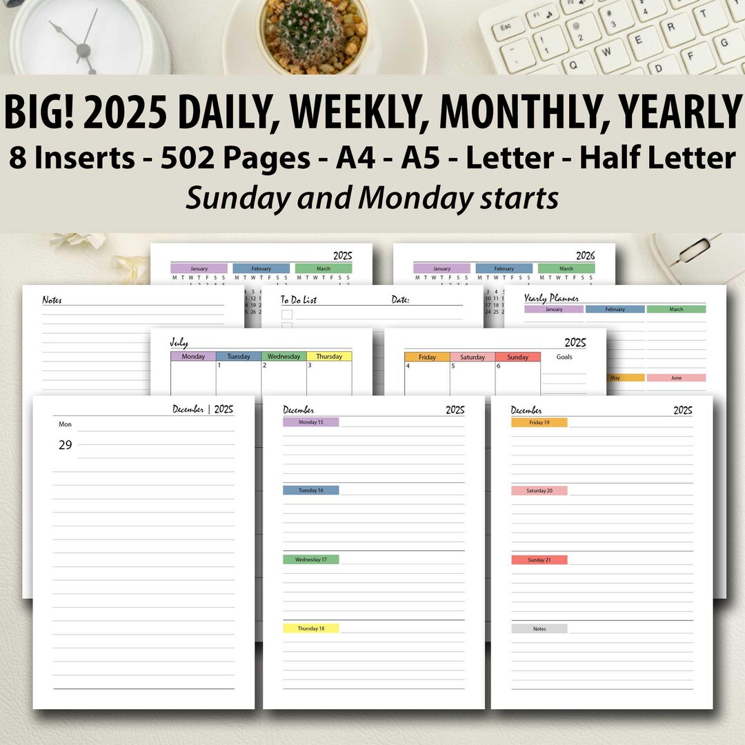 2025 Weekly Planner RAINBOW Printable Pack, A4/a5/half Letter/letter ...