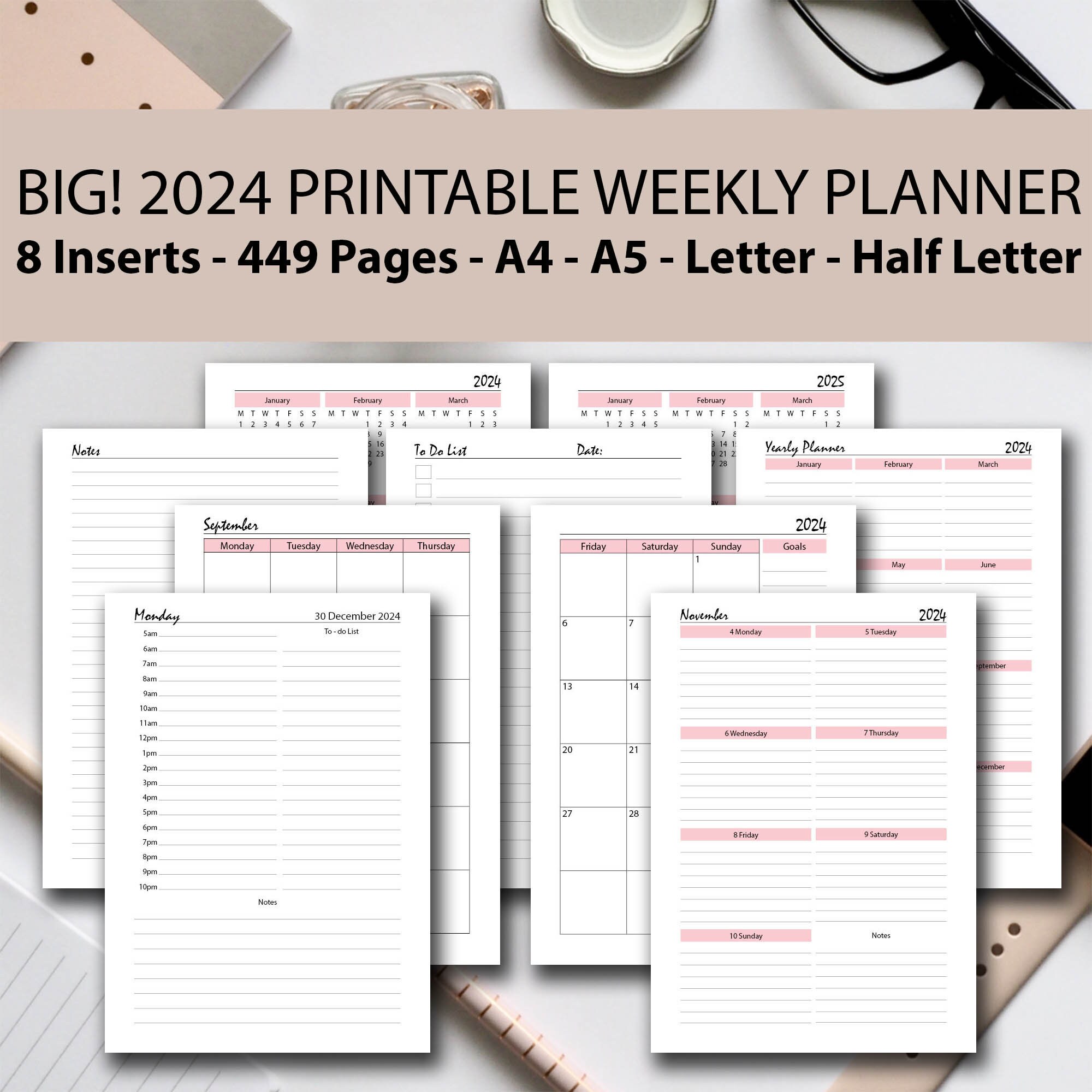 2024 Daily Weekly Planner PINK Printable Bundle A4/a5/half - Etsy UK