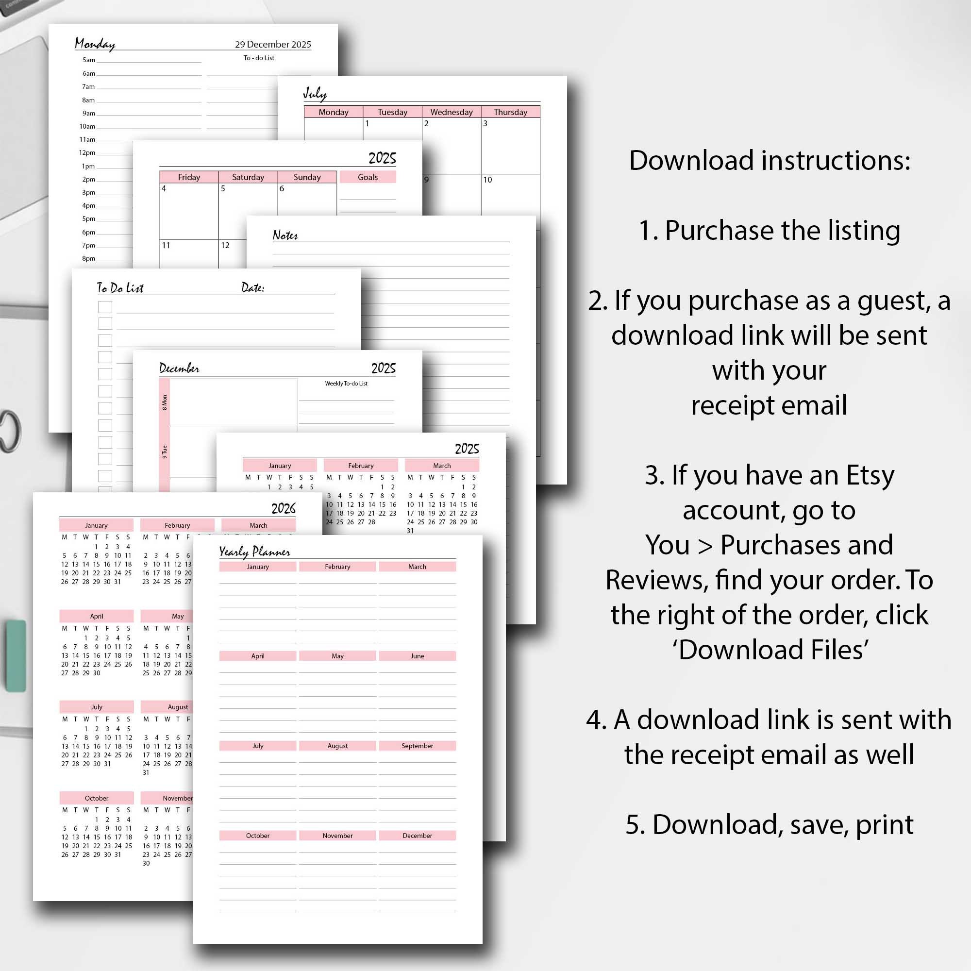 2025 Productivity Planner Printable PINK Bundle, A4/a5/half Letter ...