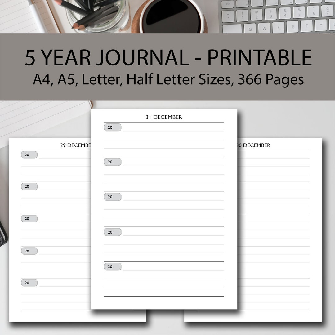 5 Year Journal Printable GREY, A4/a5/half Size/letter, One Line A Day ...