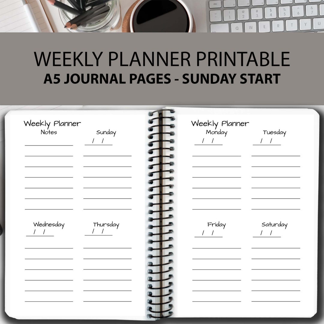 Weekly Planner Sunday Start, Weekly Calendar, A5 Journal Page ...