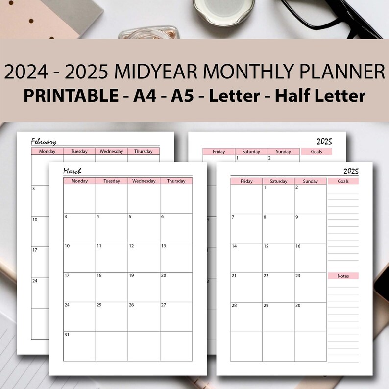 2024-2025 Midyear Planner Printable PINK, Month on 2 Page, A4/A5 Pages ...
