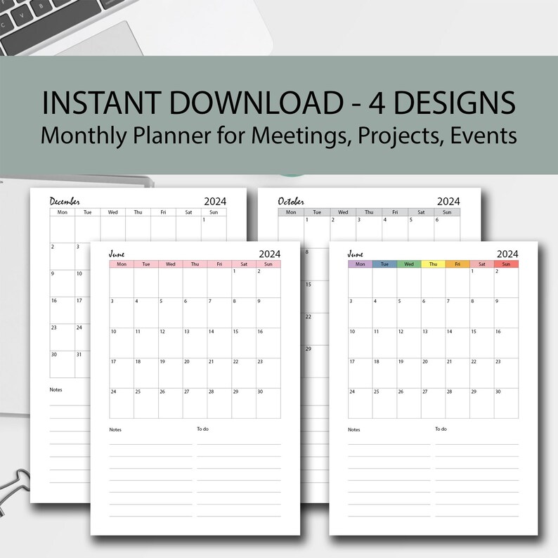 2024 Calendar Printable BUNDLE, 2024 Dated Month on 1 Page, 2024 ...