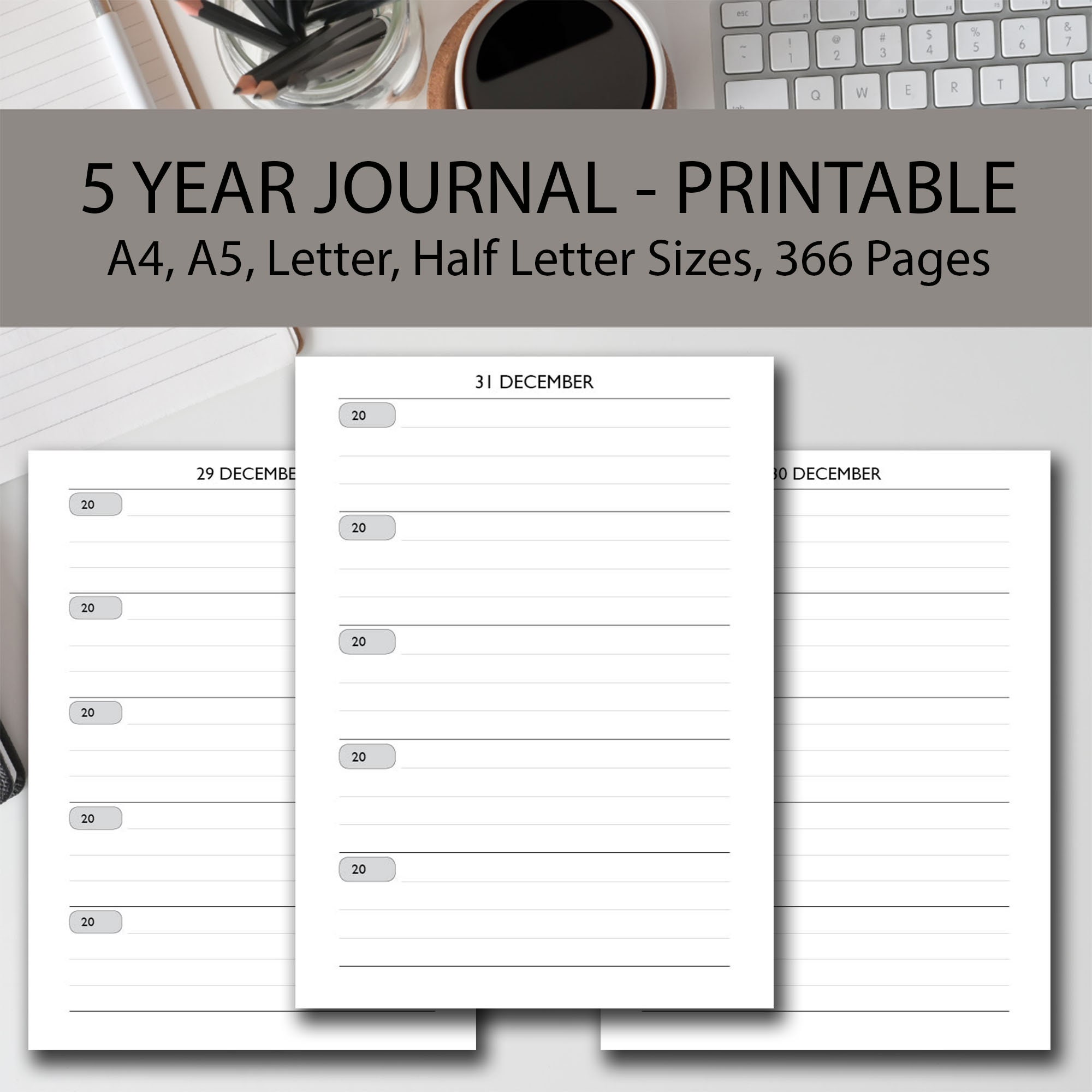 5 Year Journal Printable GREY, A4/a5/half Size/letter, One Line A Day ...