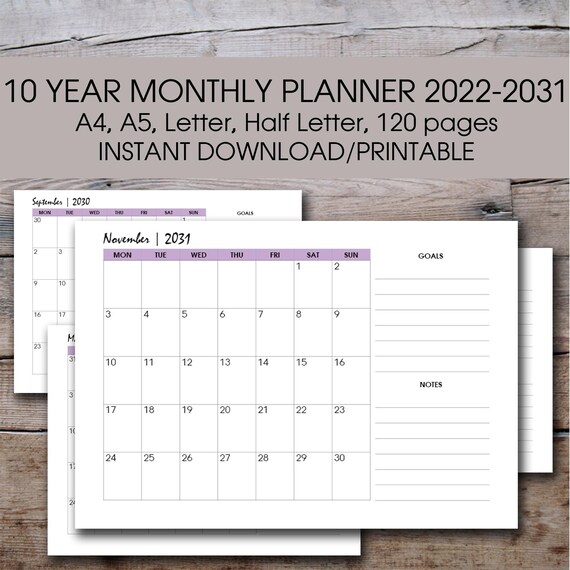 10 Year Calendar Printable PURPLE 2022-2031 10 Year Monthly - Etsy India