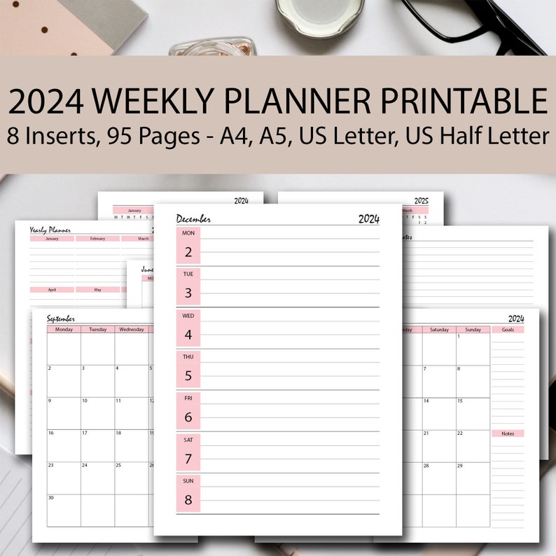 2024 Weekly Planner Printable Pink BUNDLE, 2024 Week on 1 Page Pdf, A5 ...