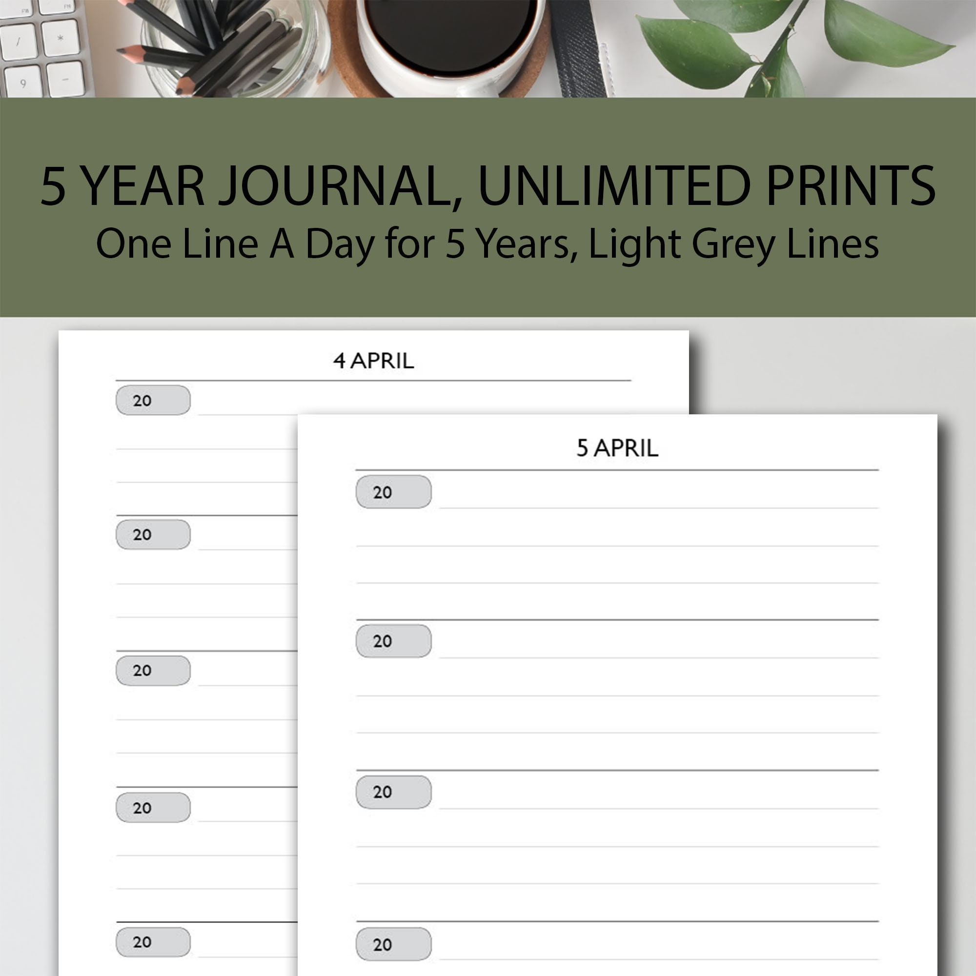 5 Year Journal Printable GREY, A4/a5/half Size/letter, One Line A Day ...