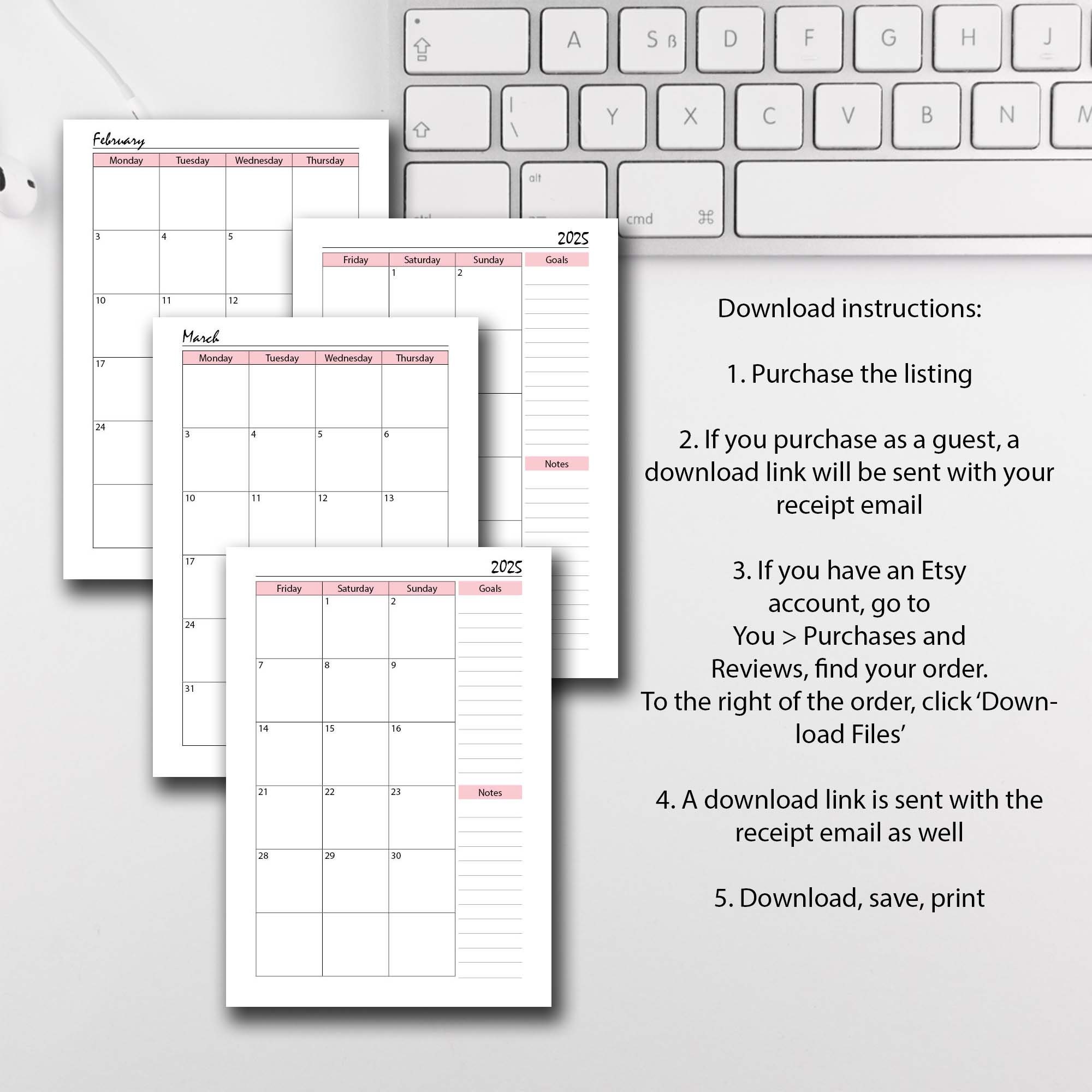 Planificador imprimible MO2P rosa 2025, mes 2025 en dos páginas, A4/A5/media letra/carta ...