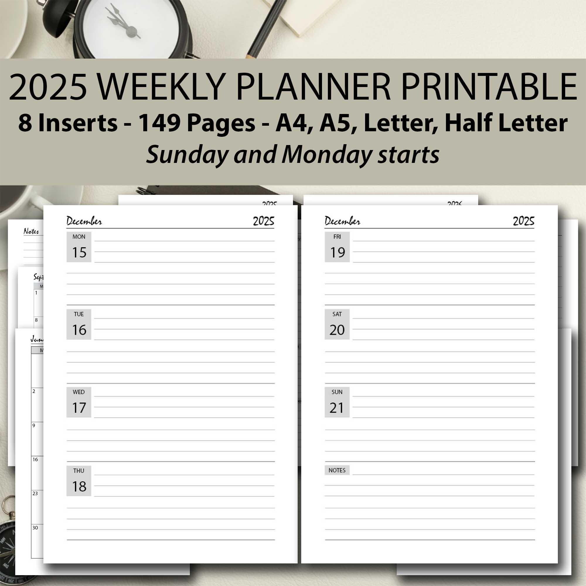 2025 Planner Printable GREY Pack, 2025 Week on 2 Page, A4/a5/half ...