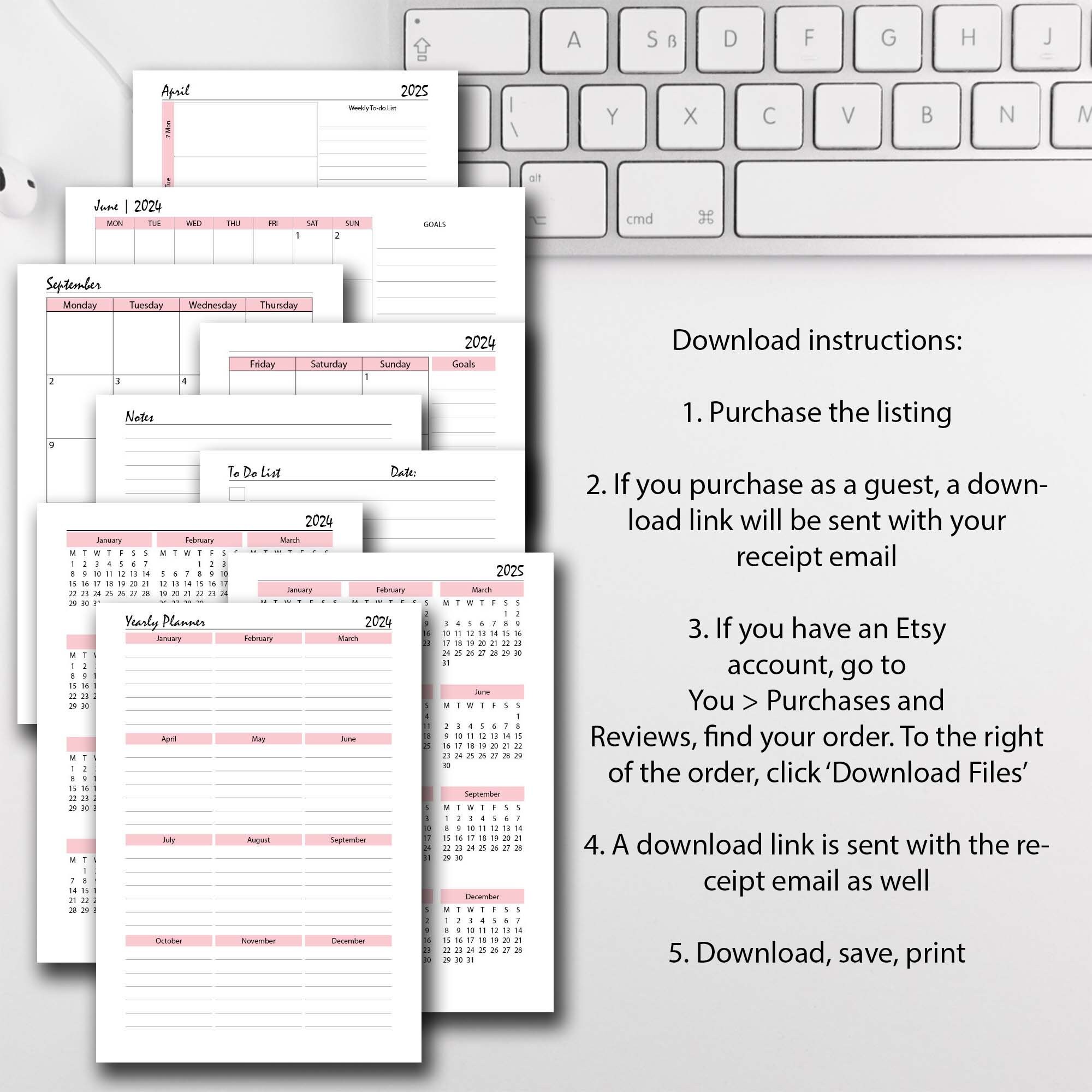2024-2025 Weekly Planner Printable PINK Bundle, A4/a5/half Letter ...