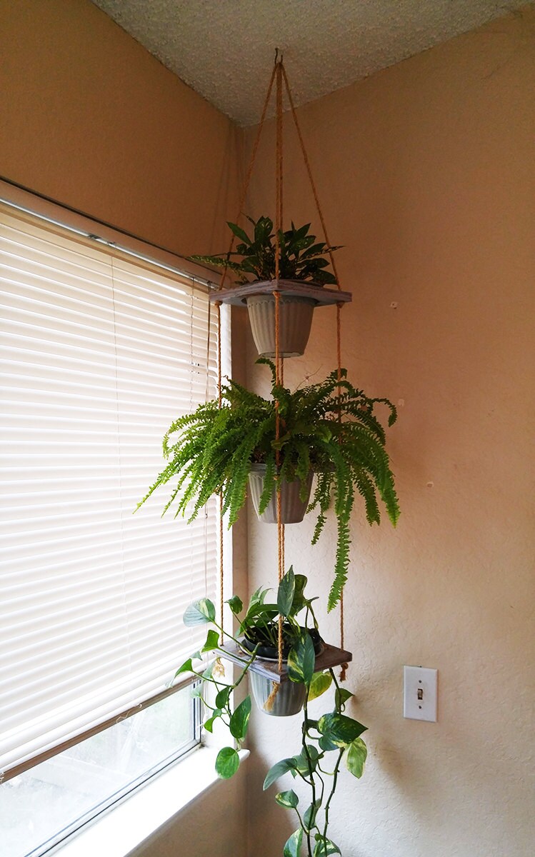 Multi Tier Rustic Wood and Rope Plant Hanger - Twine Hanging Multilevel ...
