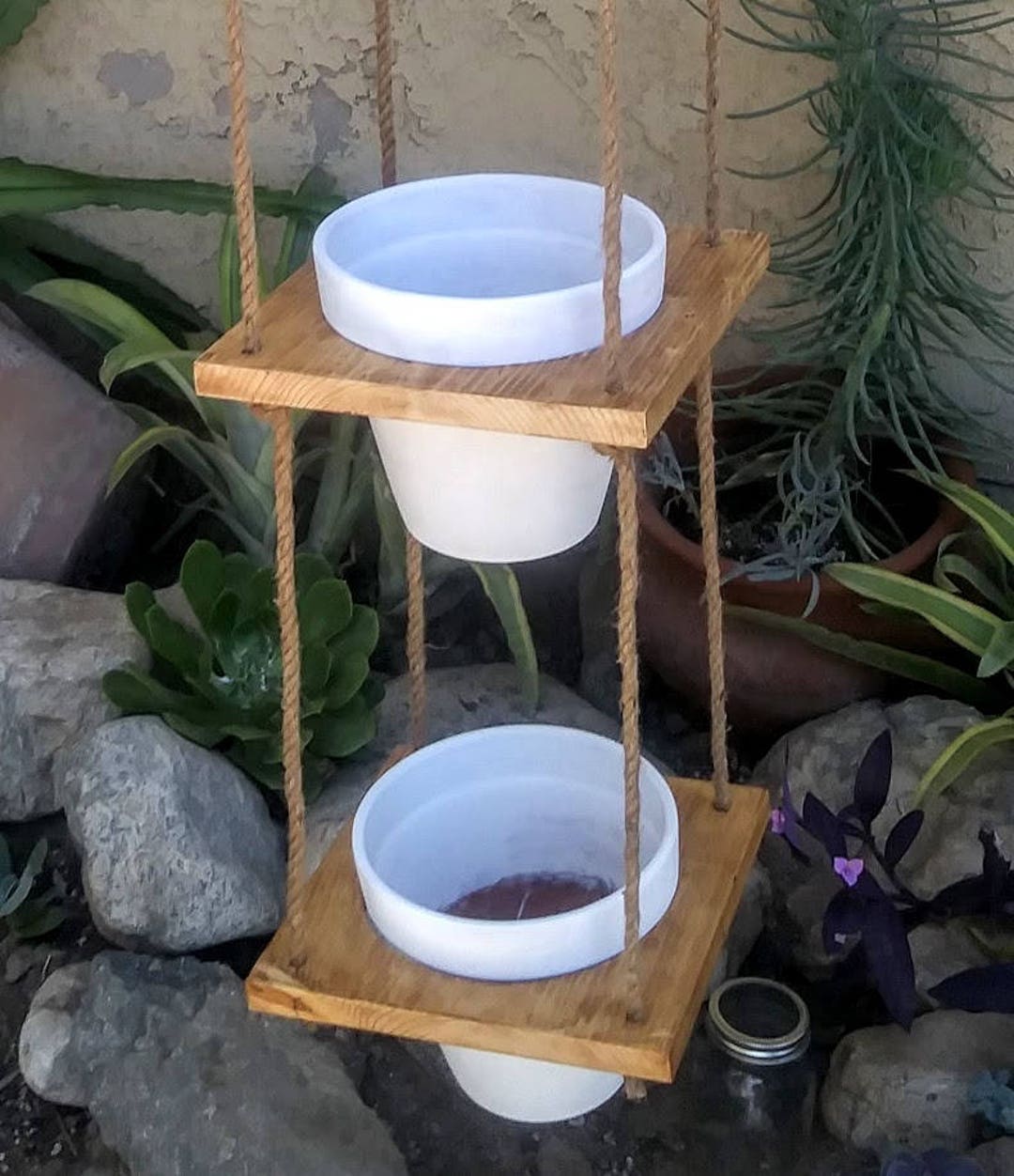 Multi Tier Rustic Wood and Rope Plant Hanger - Twine Hanging Multilevel ...
