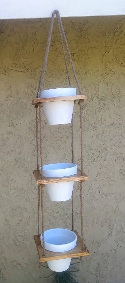 Multi Tier Rustic Wood and Rope Plant Hanger - Twine Hanging Multilevel ...
