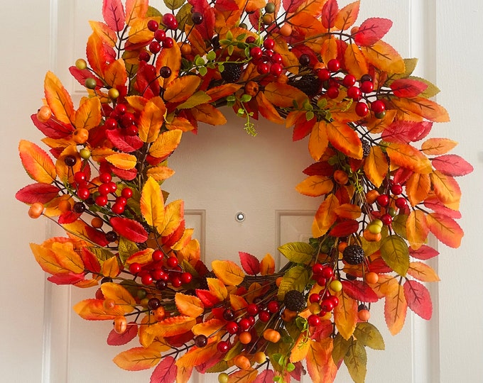 Fall Red Berry Wreath, Front Door Leaves Wreath, Berry Leaves Wreath ...