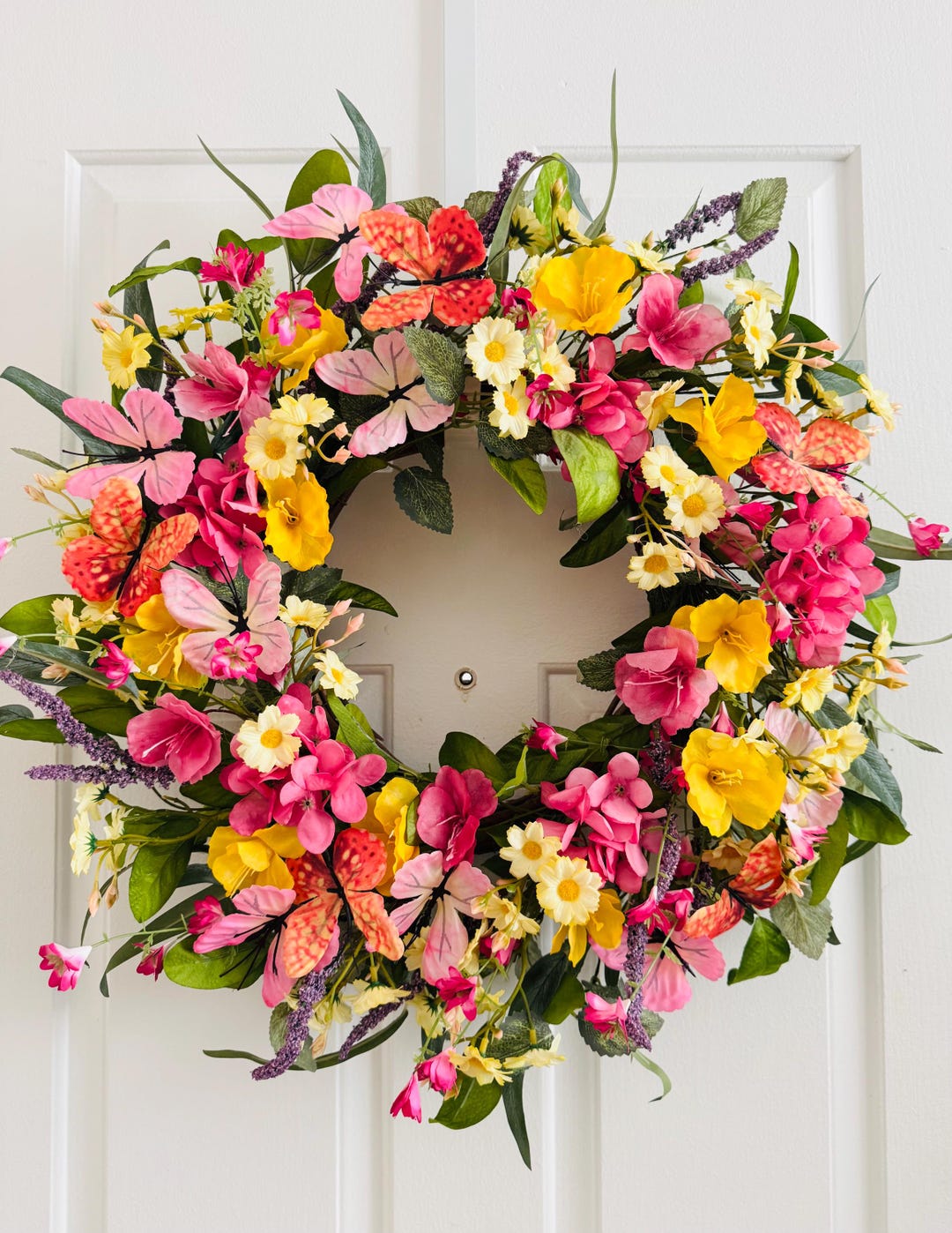 Pink Butterfly Flower Wreath: Spring Summer Front Door Decor ...