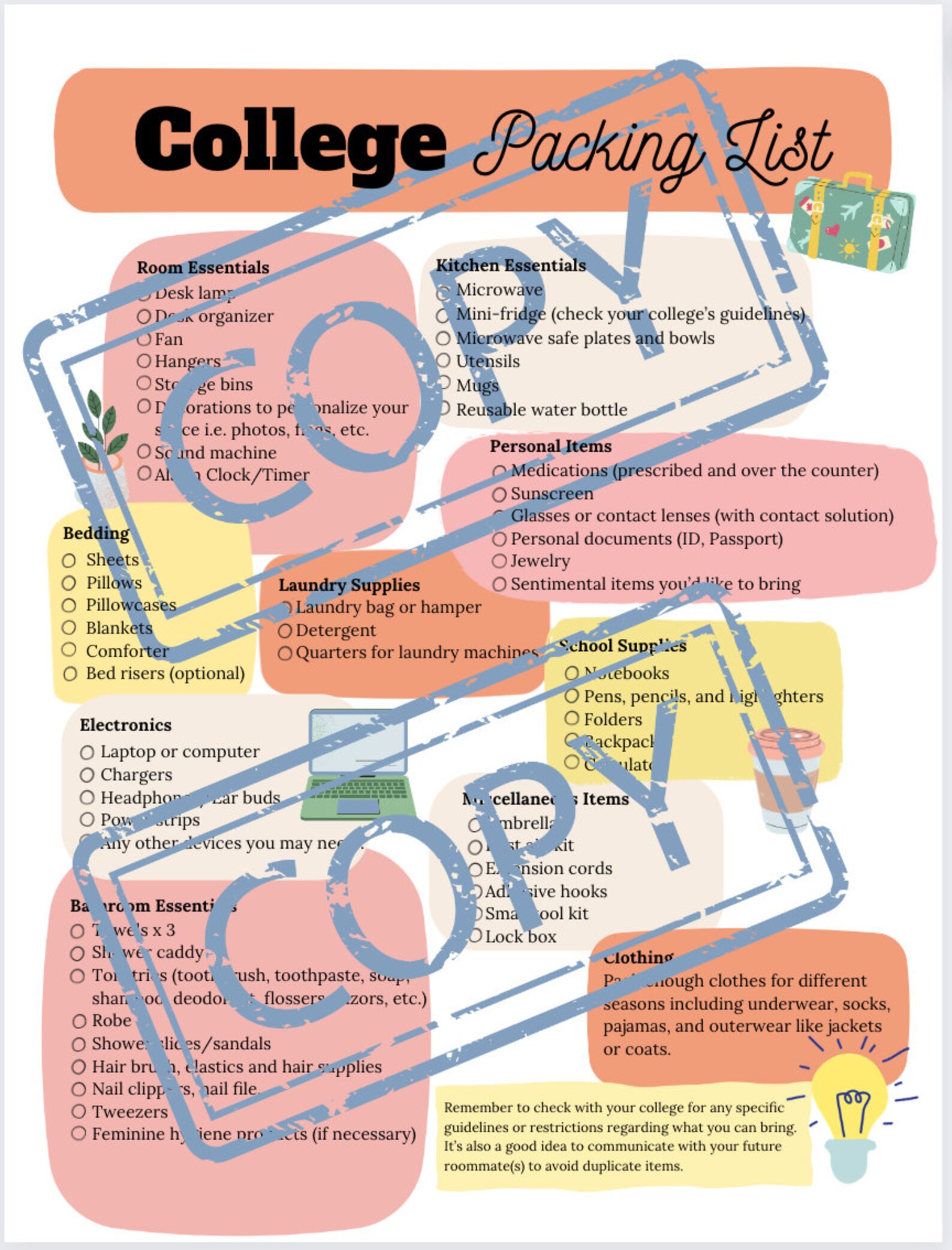 College Packing Dorm Checklist Printable - Etsy