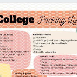 College Packing Dorm Checklist Printable - Etsy