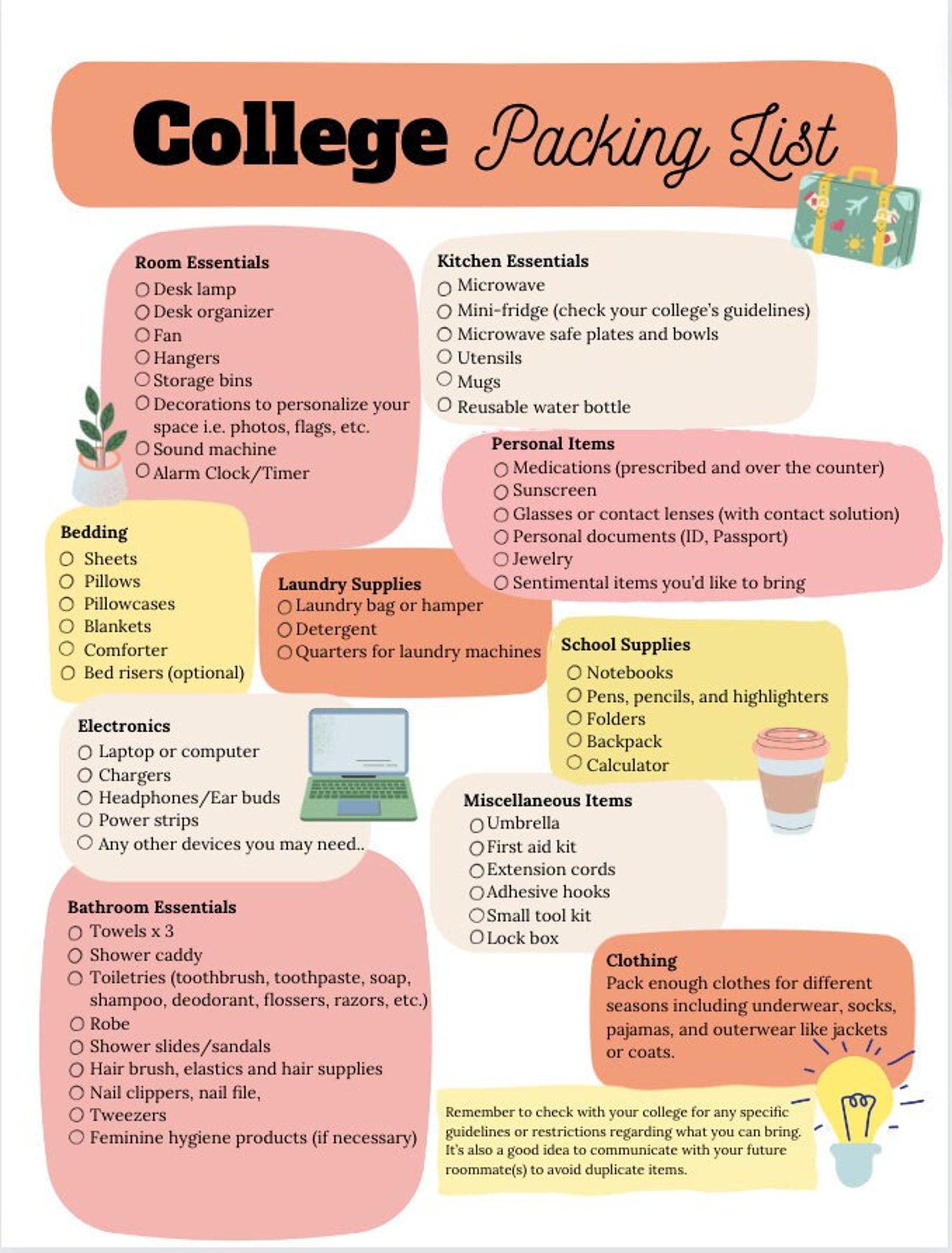 College Packing Dorm Checklist Printable - Etsy