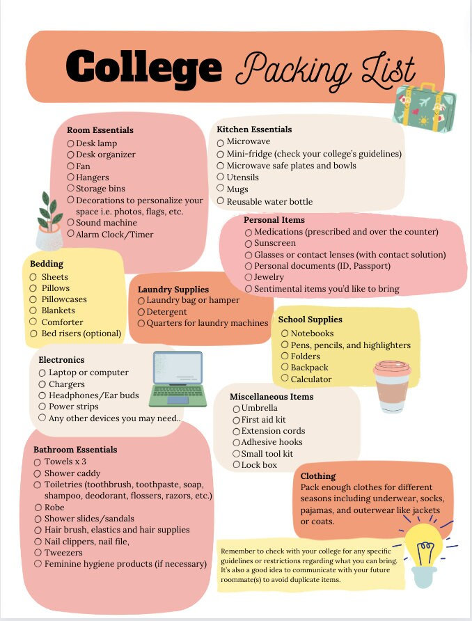 College Packing Dorm Checklist Printable - Etsy