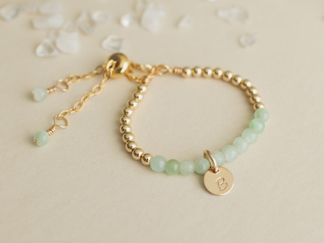 Green Jade Baby Bracelet: Gold Bead, Initial Charm, Adjustable - Etsy