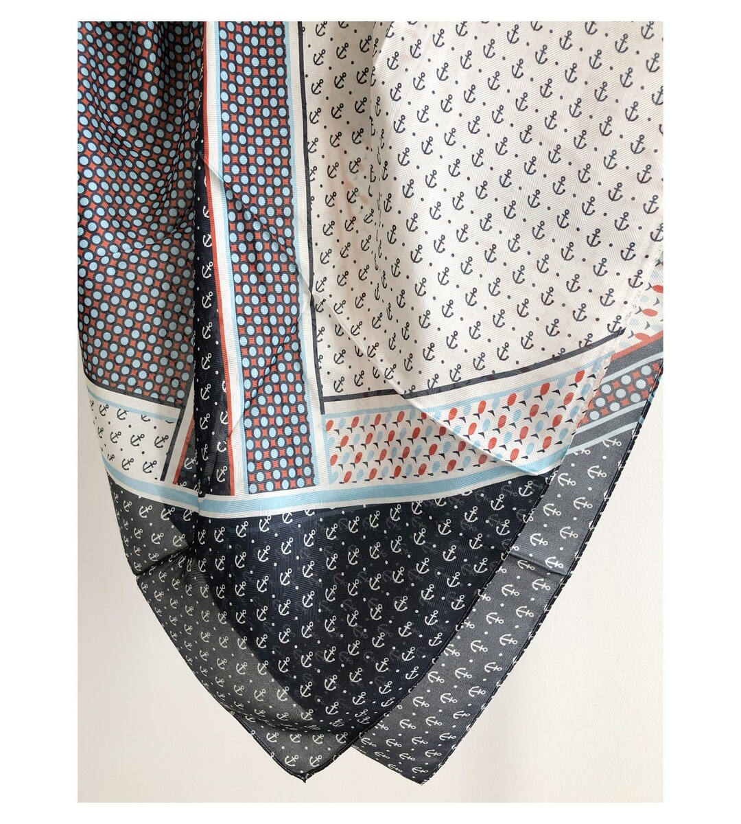 130cm Oversized Silk Herringbone Bandana, Navy Blue Red White Shawl, 51 ...
