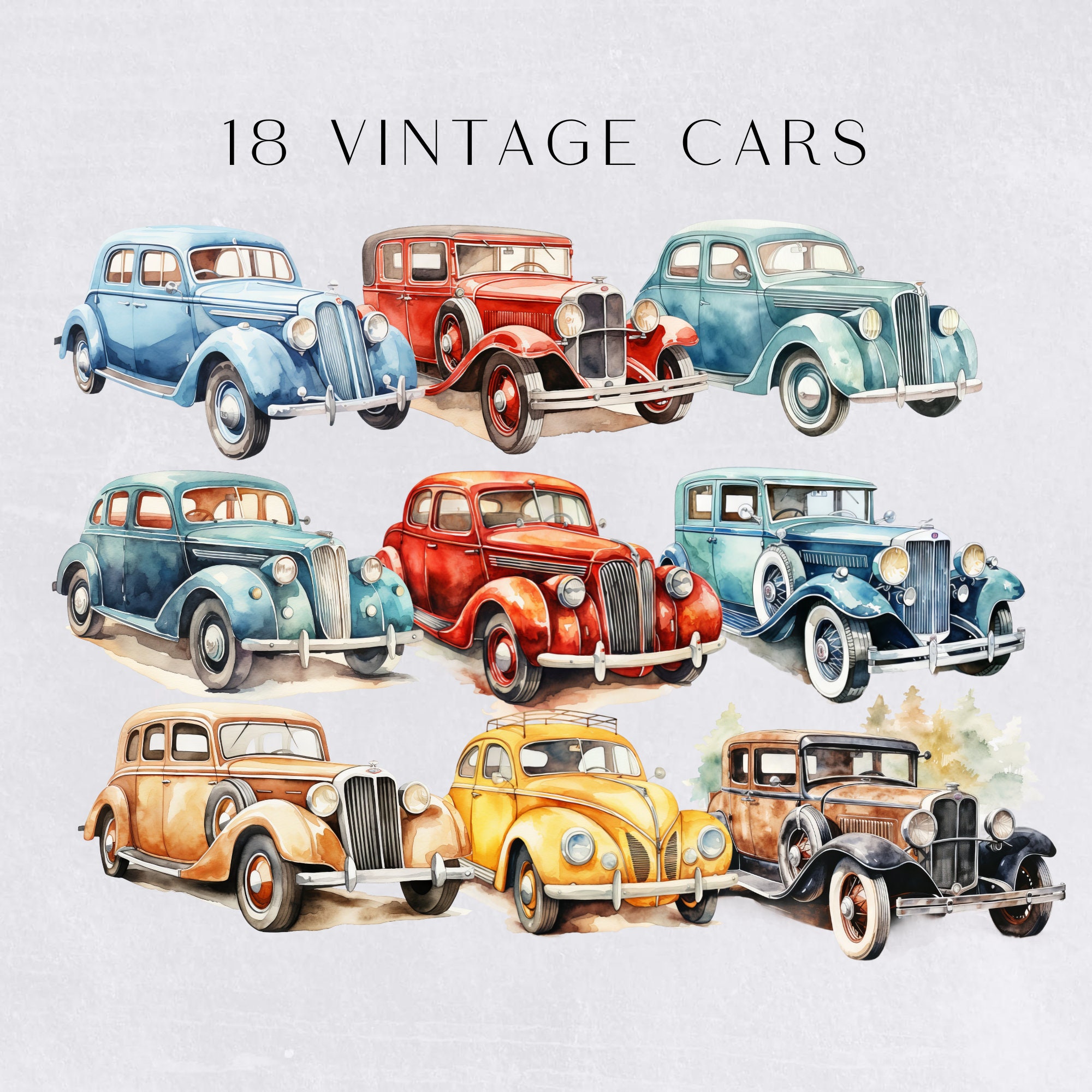 Vintage Cars Clipart, Retro Classic Car, Red, Orange, Blue, Brown, Old ...