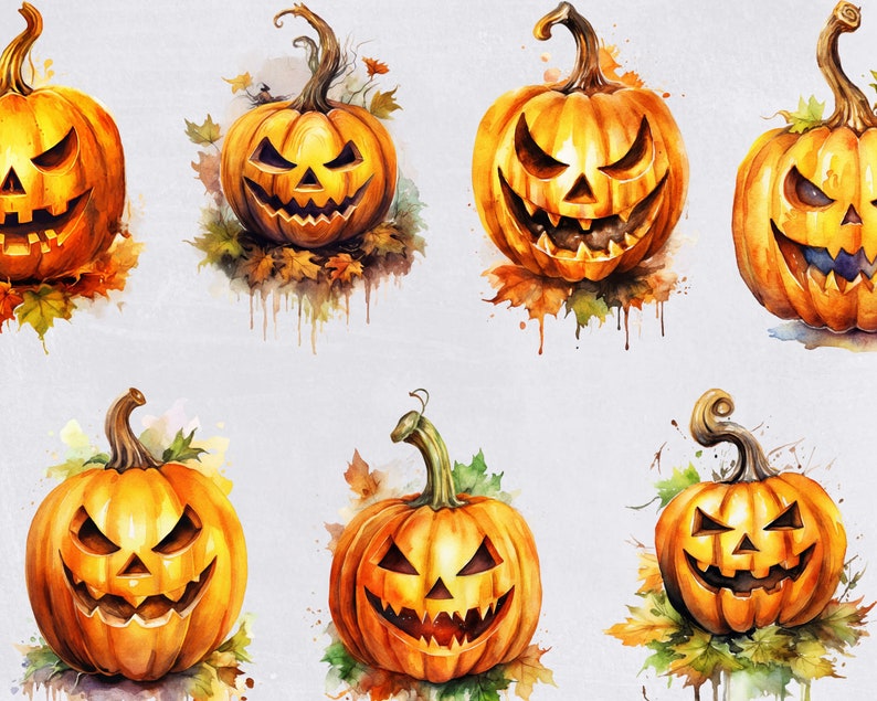 Jack O Lantern Clipart , Orange Watercolor Halloween Pumpkin Faces ...