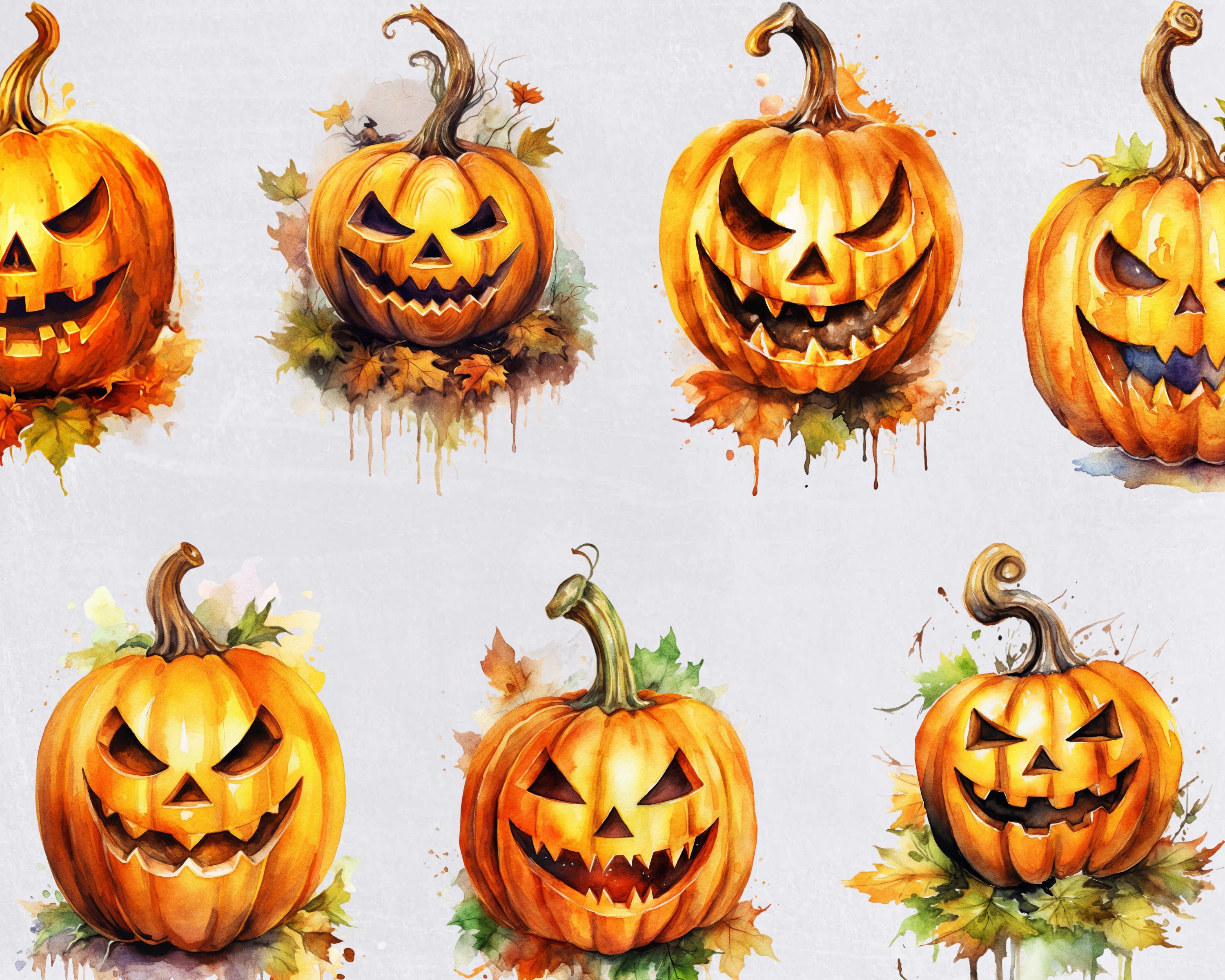 Jack O Lantern Clipart , Orange Watercolor Halloween Pumpkin Faces ...