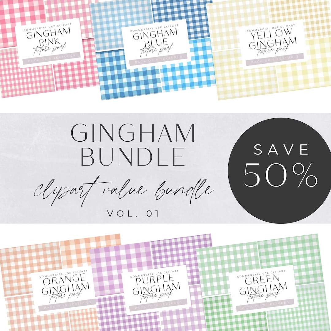 Gingham Clipart Bundle, Watercolor Digital Paper, Pink, Green, Blue, Yellow, Orange, Purple ...
