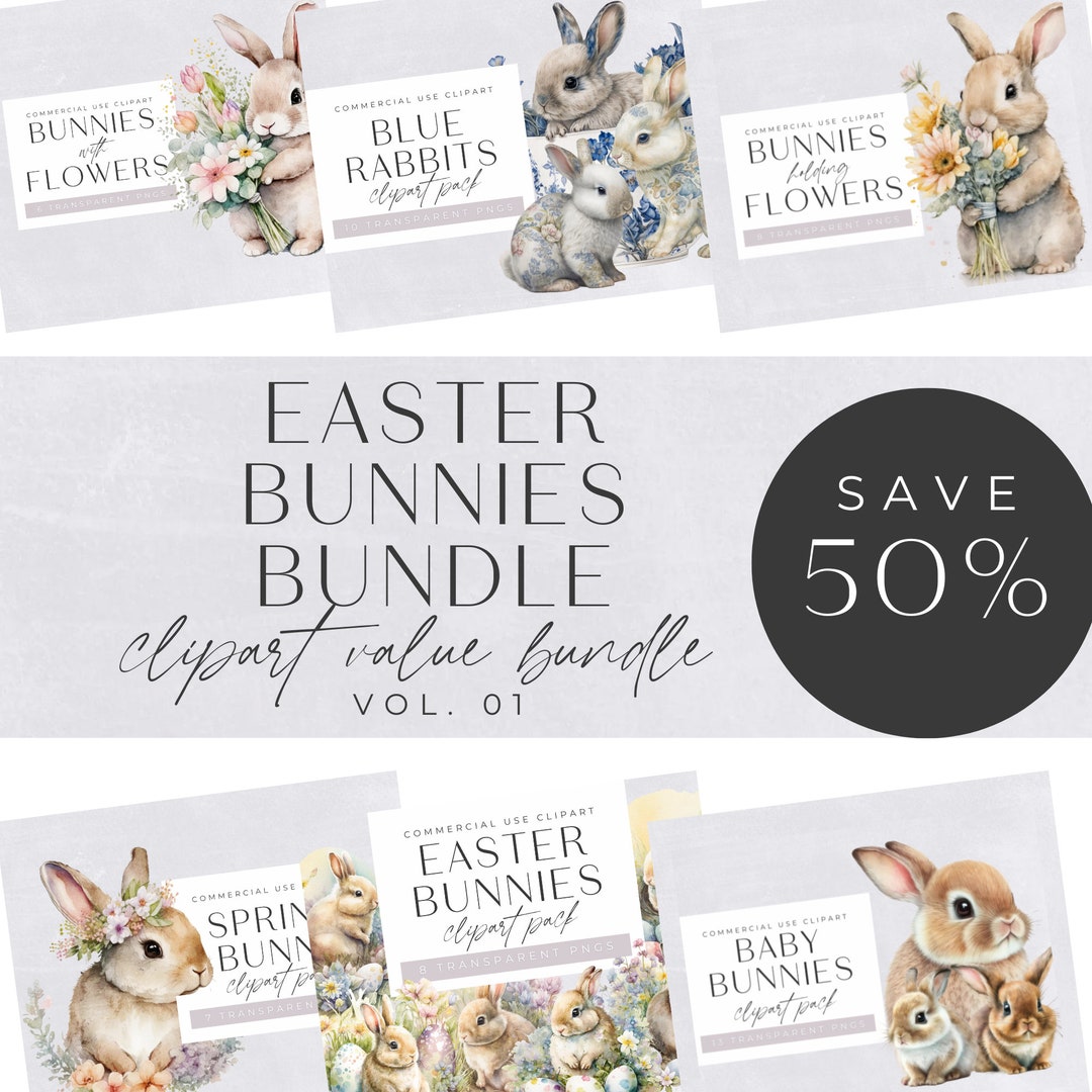 Simple Easter Bunny Clip Art Bundle, Cute Happy Hoppy Bunnies, Clipart ...
