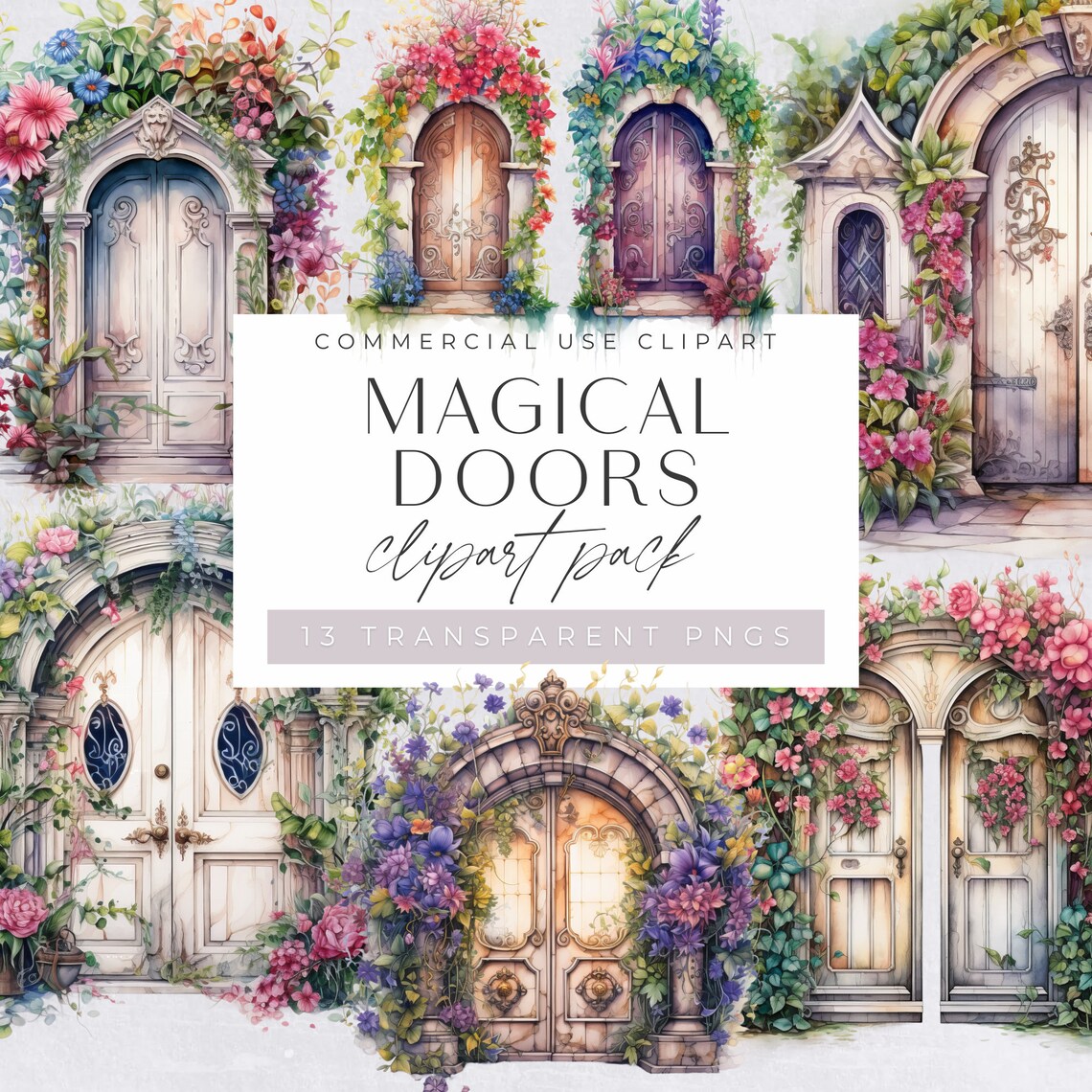 Rustic Doors Clipart, Magical Floral Front Door Clip Art, Watercolor ...
