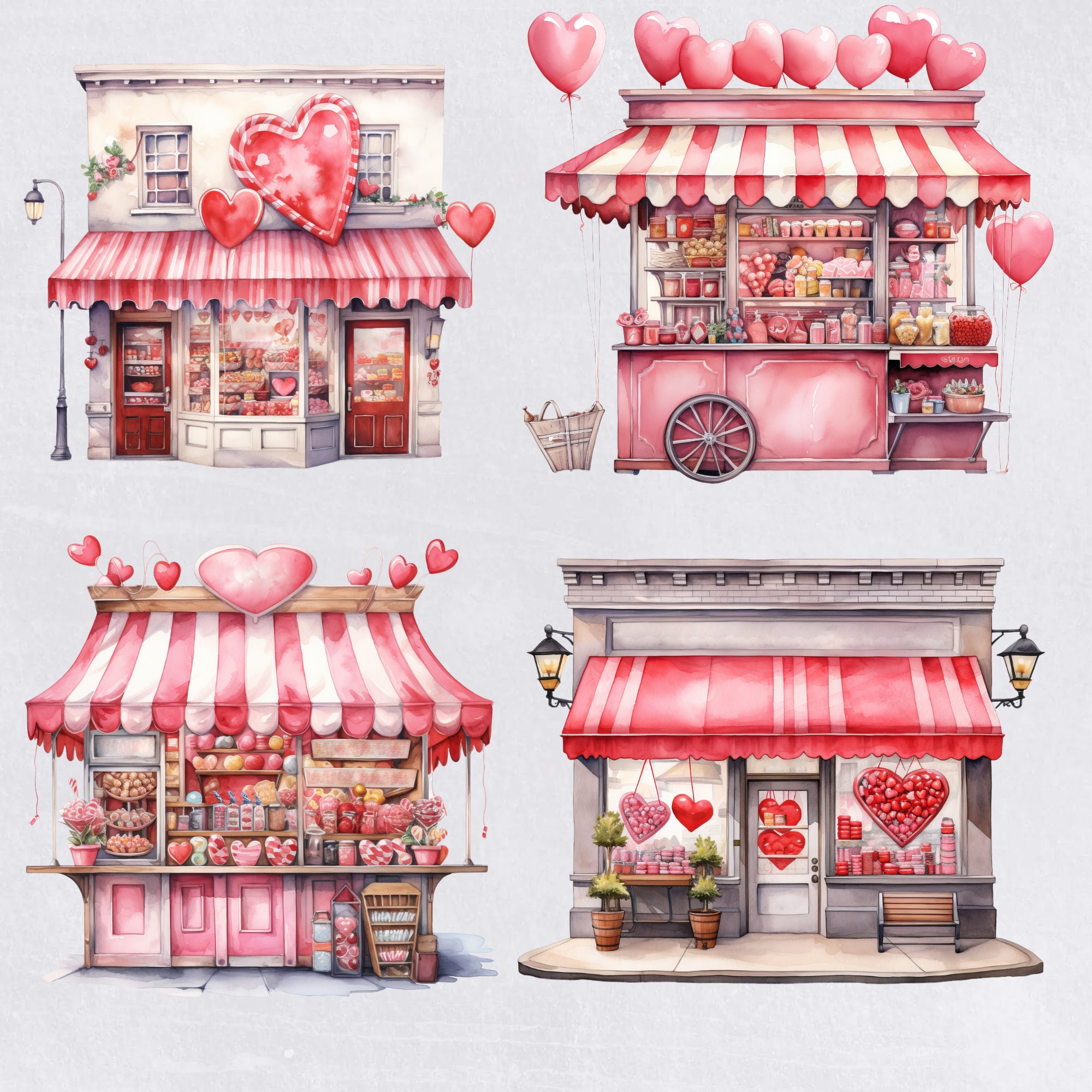 Cute Valentines Candy Shop Clipart, Red and White Watercolor Shop Front ...