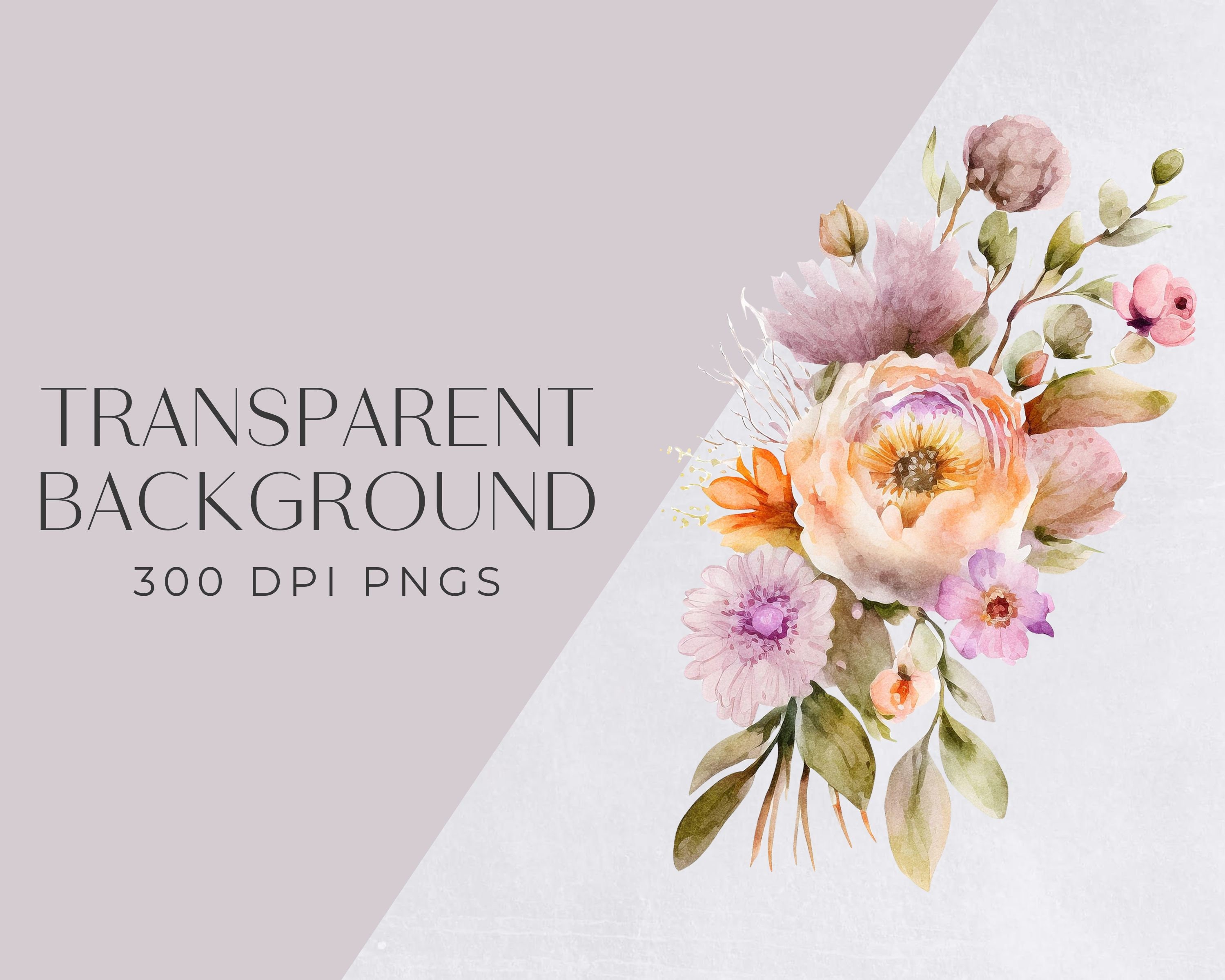 Purple and Pink Floral Clipart Pack, Lilac & Orange Watercolor Bouquet ...