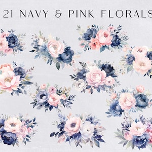 Navy and Pink Floral Watercolor Clipart Pack, Navy and Blush Flower ...