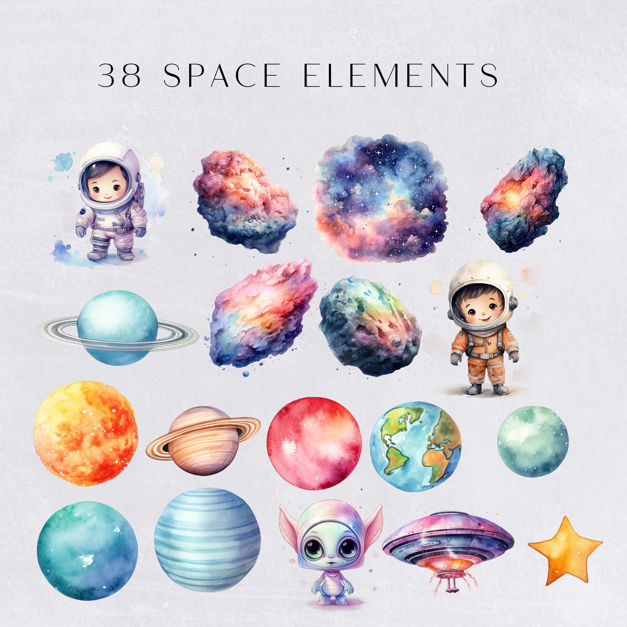 Baby Aliens Clipart, Watercolor Cute Astronaut Space Clip Art, Planets ...